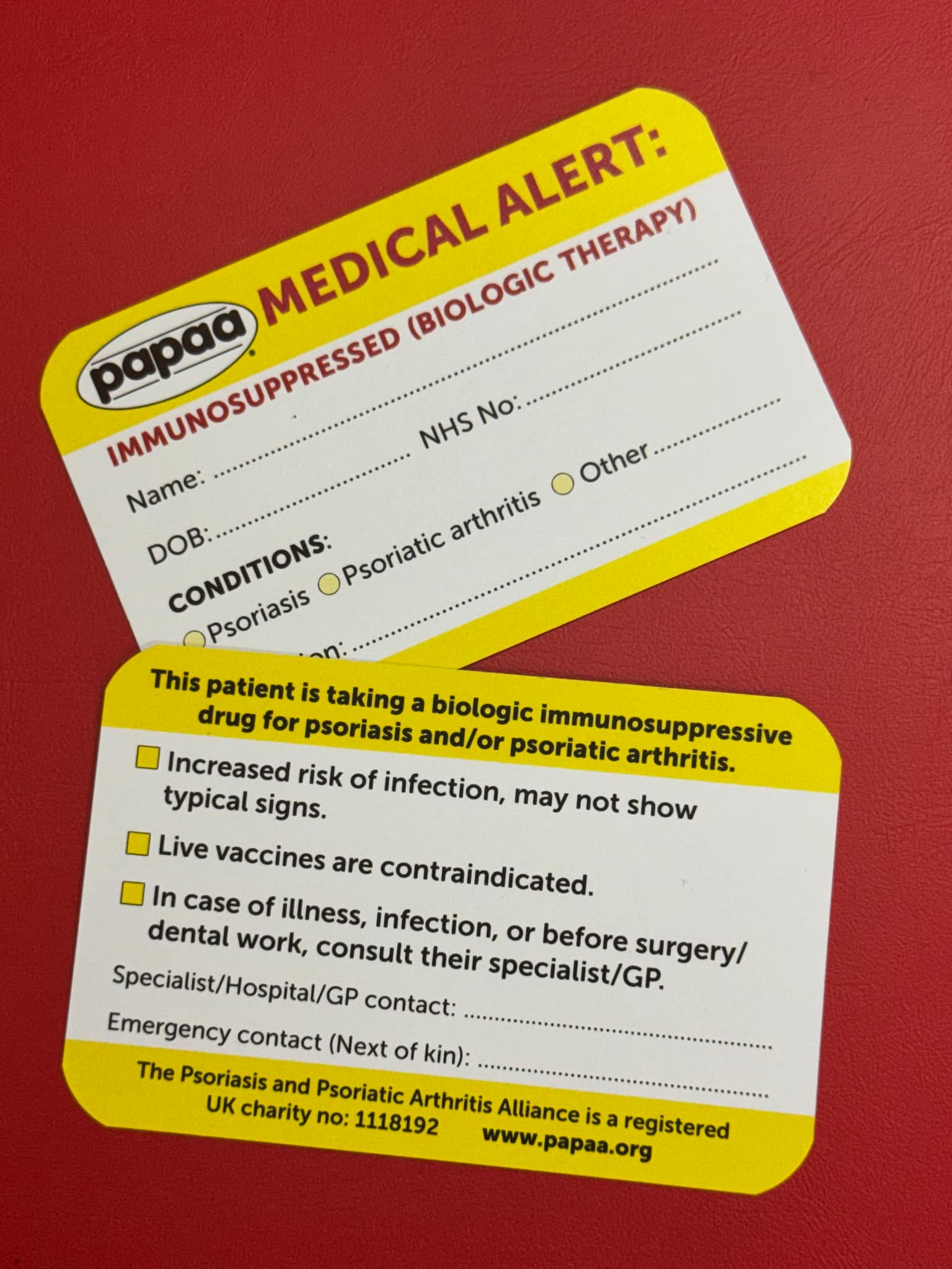 A Medical Alert card - Psoriasis and Psoriatic Arthritis Alliance (PAPAA)